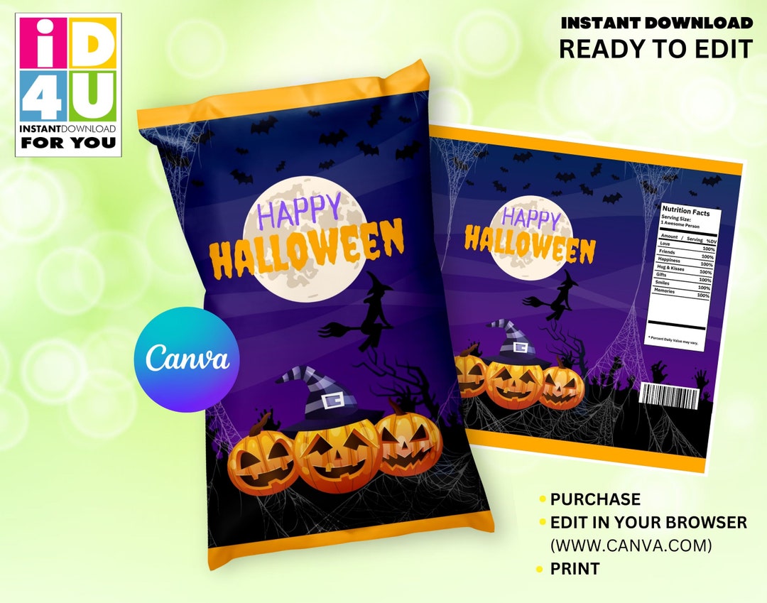 EDITABLE Halloween Chip Bag Wrapper Template, Halloween Printable Party ...