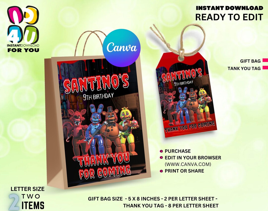 FNAF Birthday Party Decoration Bundle Editable, Gift Bag Label, Thank ...