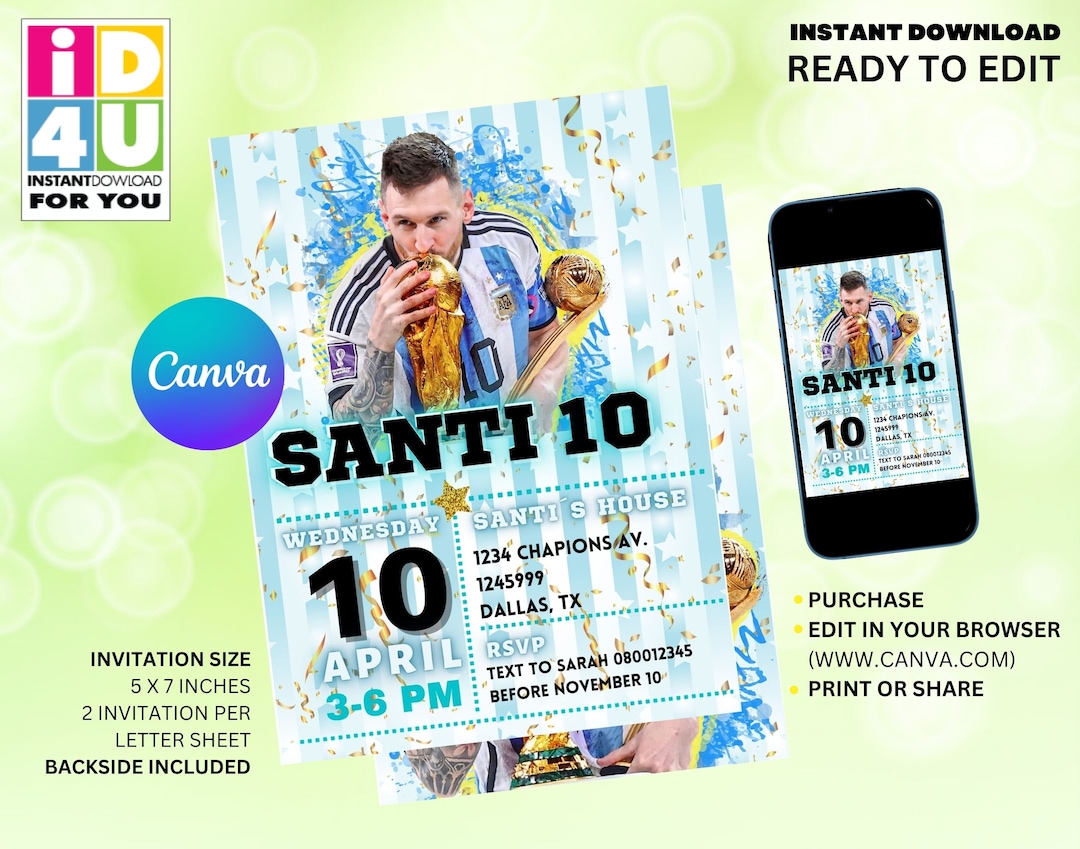 Messi Birthday Party Invitation Editable: Football Party Decoration for ...