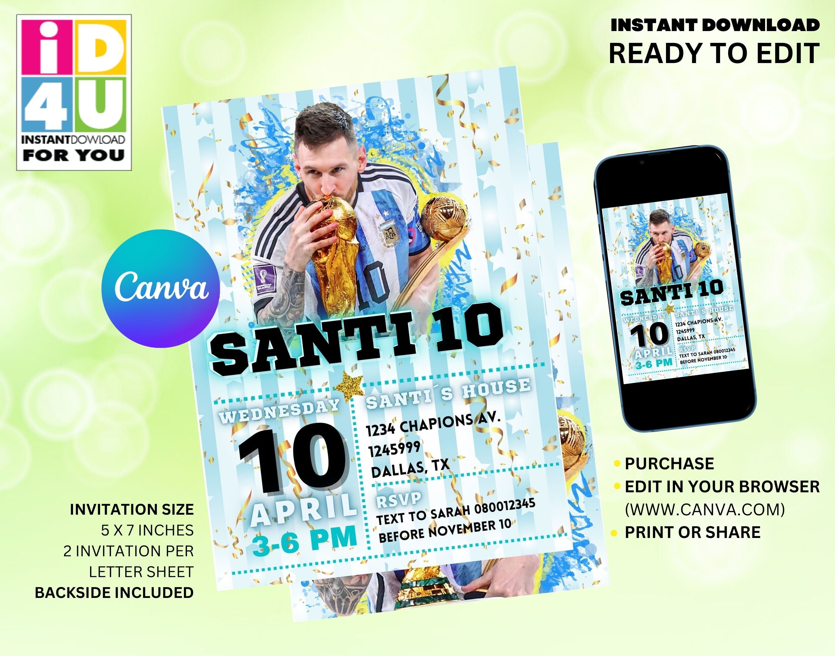 Invitación fiesta de cumpleaños de Messi editable, Invitación editable del Mundial Messi ...