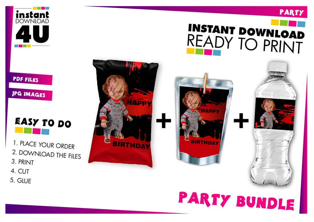 Chucky Doll Bundle Labels, Chucky Capri Sun+chip Bag+water Bottle Label ...