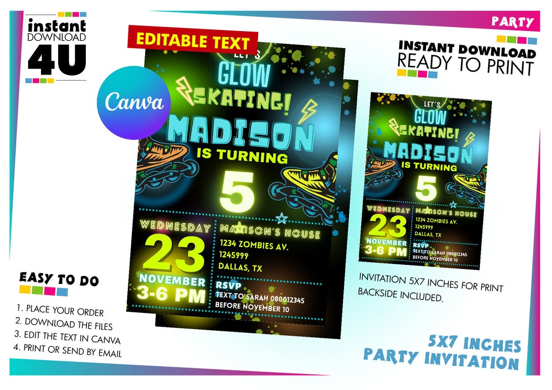 Roller Skating Invitation Instant Download, Let's Roll Roller Skate ...