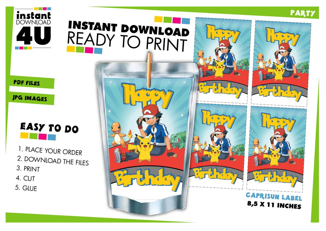 Pokemon Capri Sun Printable Label, Juice Pouche Label, Pokemon Birthday ...