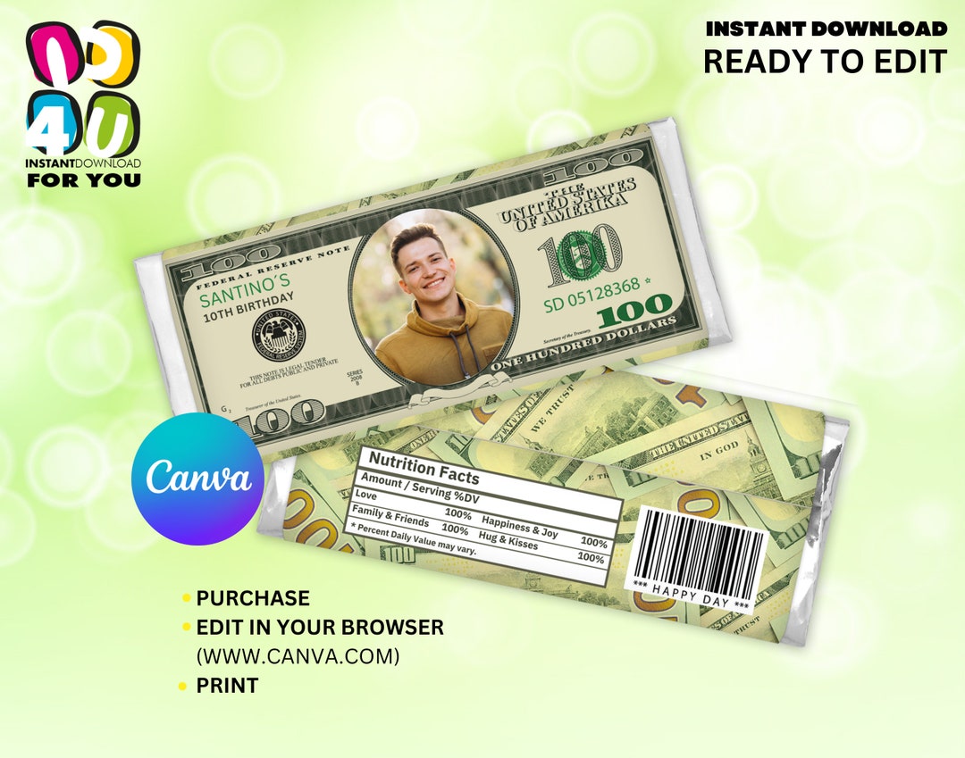 Dollar Chocolate Wrapper Editable With Picture, Editable Dollar ...