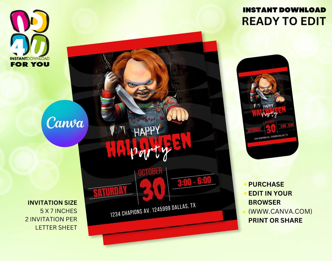 Chucky Birthday Party Invitation Editable, Party Editable Invite ...