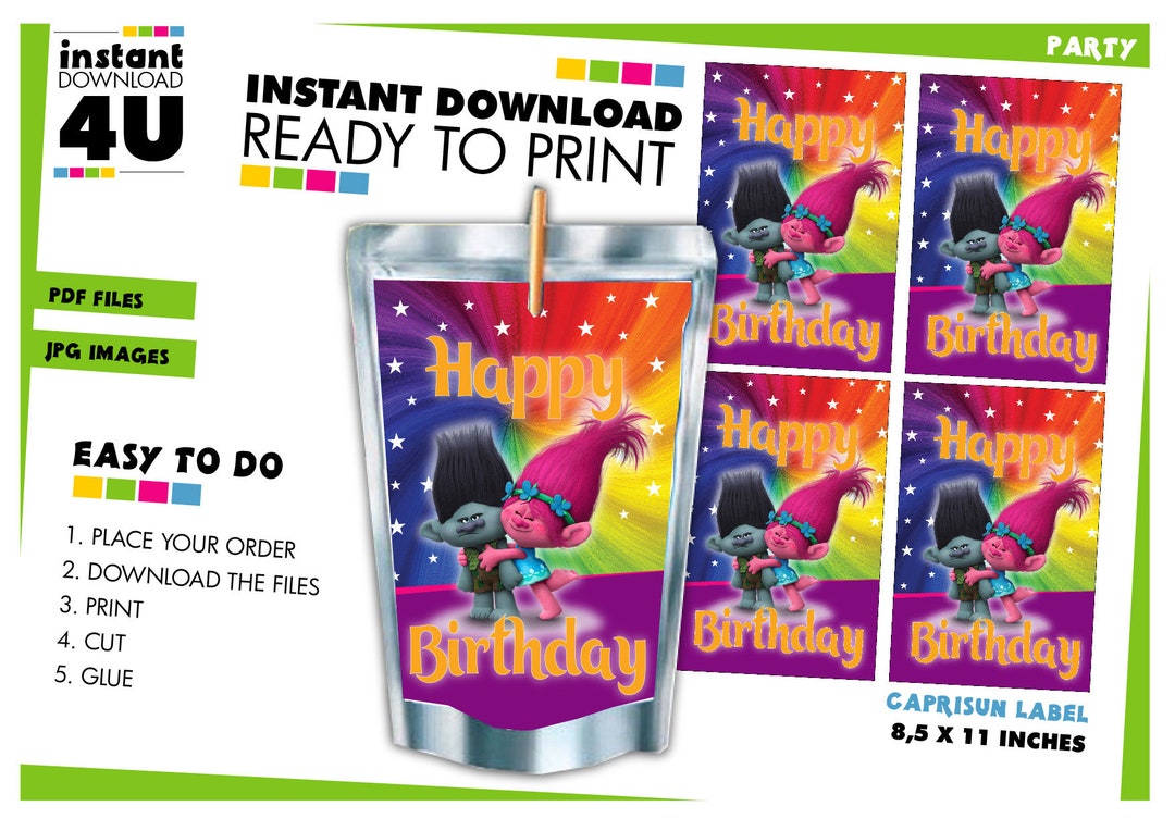Trolls Birthday Juice Labels, Trolls Juice Labels, Trolls Party Favors ...