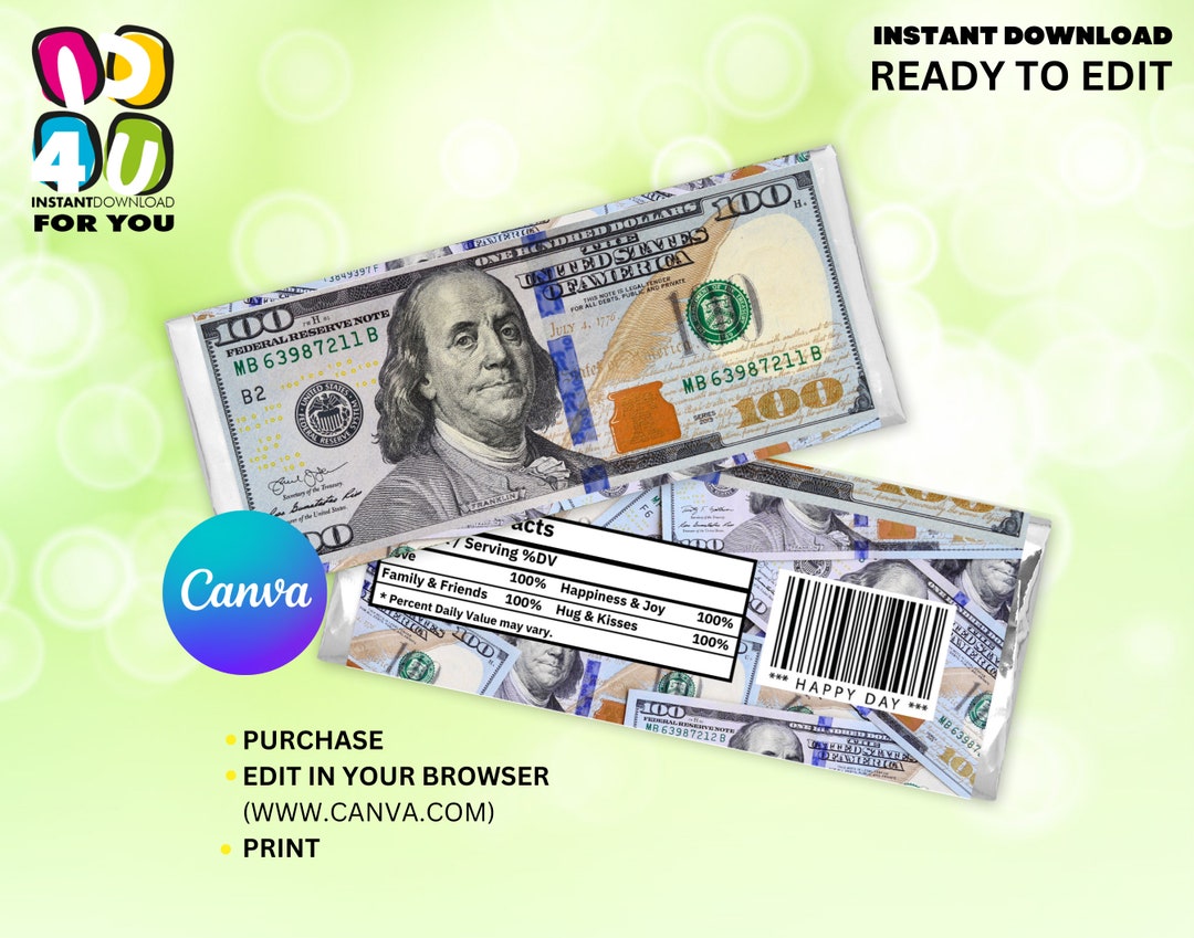 Dollar Bill Chocolate Wrapper Editable, Editable Dollar Chocolate ...