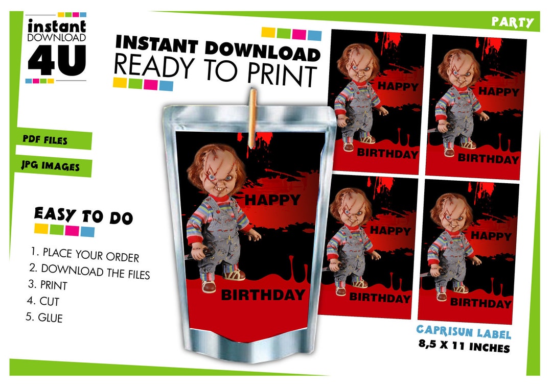 Chucky Capri Sun Labels. Chucky Pouches Label. Chucky Juice Bag Label ...