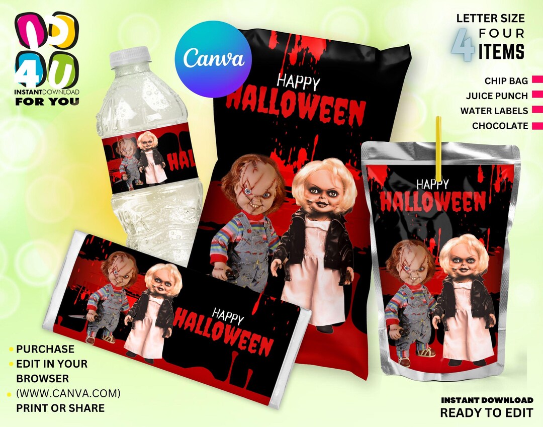 Chucky Birthday Party Bundle Labels Editable, Halloween Party Labels ...