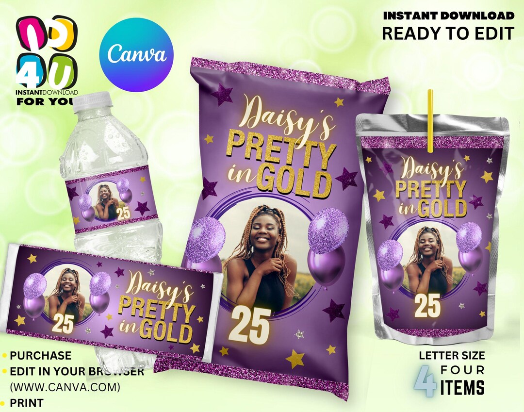 Prom Party Favors Editable Bundle With Picture, Pretty Gold Blue Adult ...
