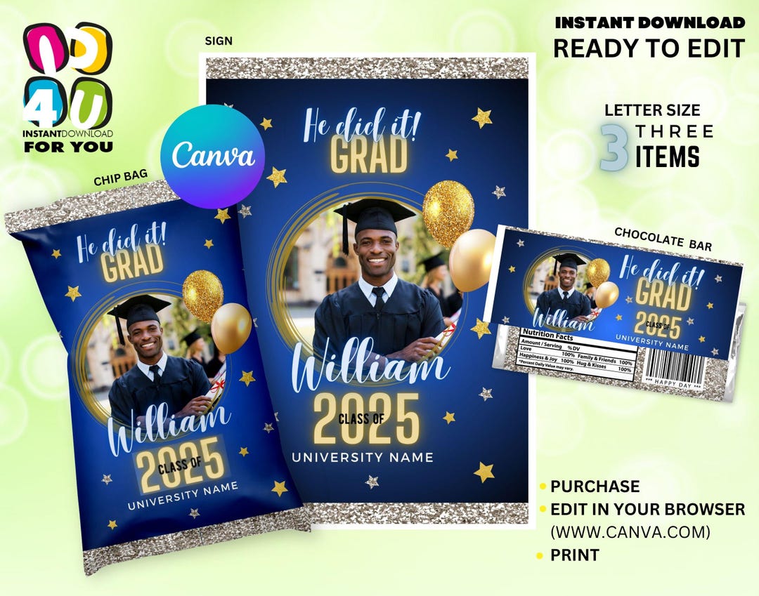 Graduation Class of 2025 Editable Bundle Chip Welcome Poster and Candy ...