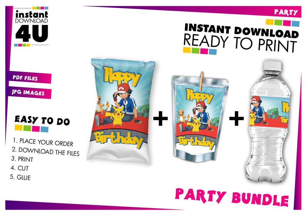 Pokemon Party Bundle, Pokemon Chip Bag, Capri Sun and Water Bottle ...