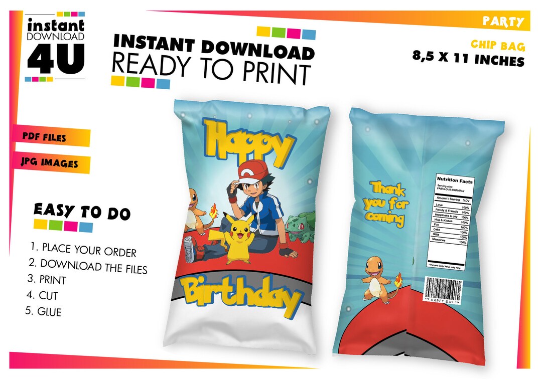 Pokemon Chip Bag Printable Label, Chip Bag Label, Pokemon Birthday Chip ...