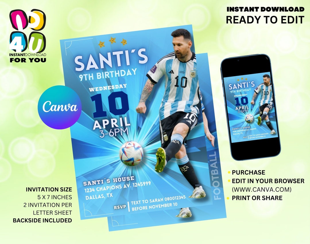 Invitación de fiesta de cumpleaños de Messi editable, invitación ...