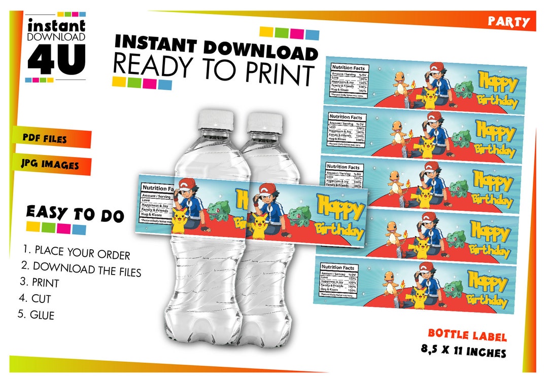 Pokemon Water Bottle Label. Pokemon Birthday Party Favors. Pokemon ...