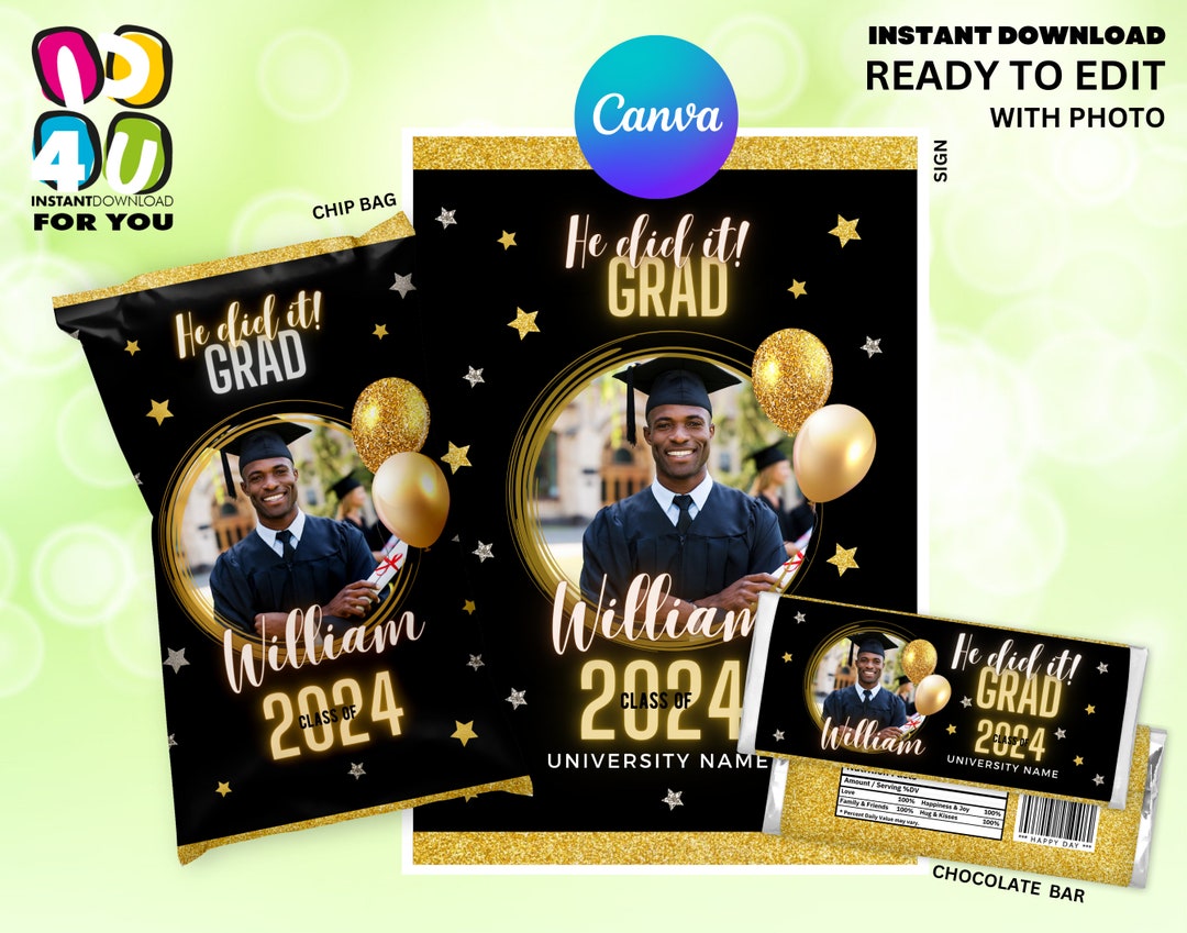 Graduation Class of 2025 Editable Bundle Black and Gold, Boy Graduation ...
