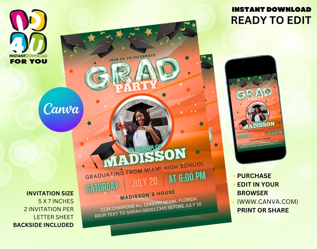 Graduation Editable Invitation Class of 2025 With Picture, Grad ...