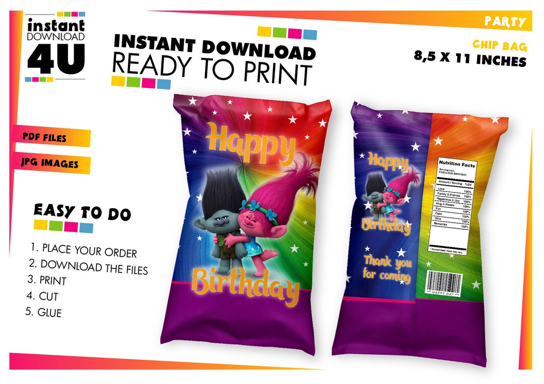 Trolls Birthday Chip Bag Labels, Trolls Chip Potato Labels, Trolls ...