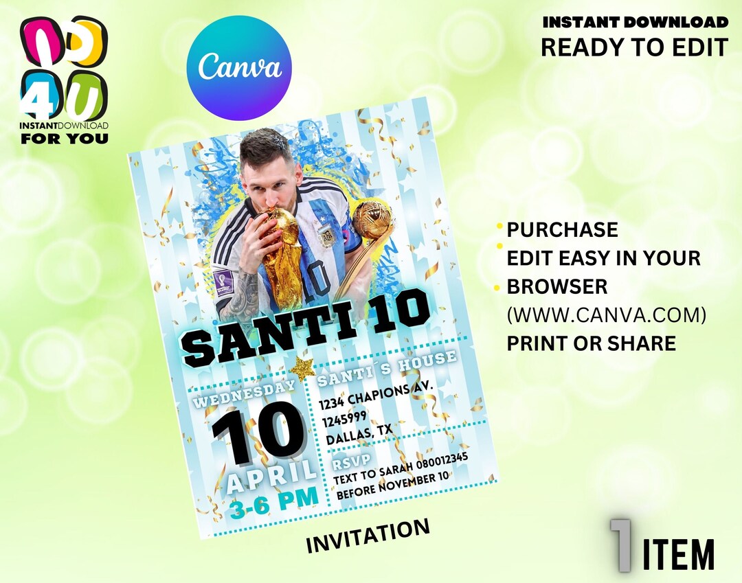 Custom Messi Invites for Soccer Party & Football Birthday, Personalized ...