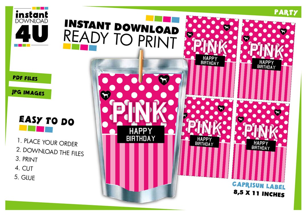 Victorias Secret Pink Capri Sun Labels, VS Pink Party Supplies ...