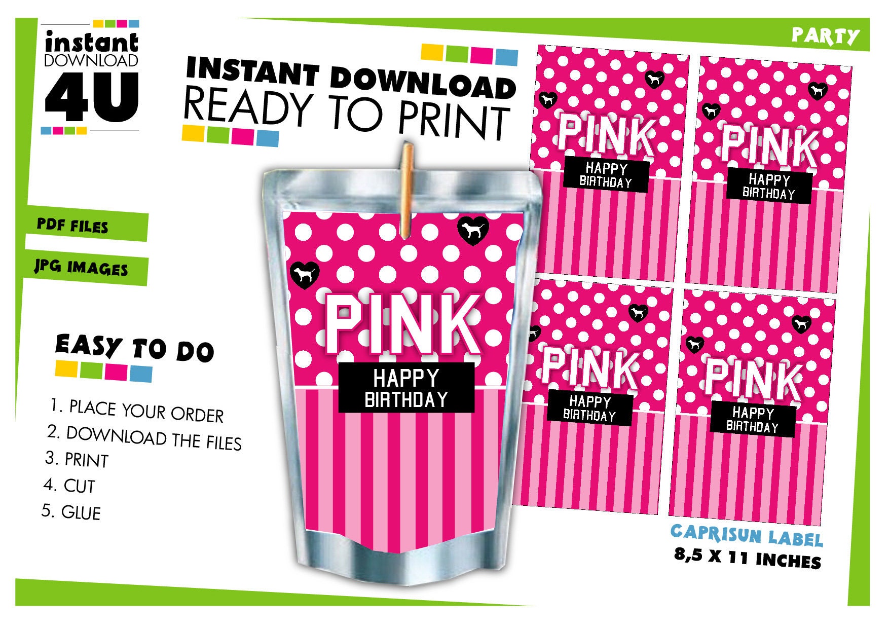 Victorias Secret Pink Capri Sun Labels, VS Pink Party Supplies ...