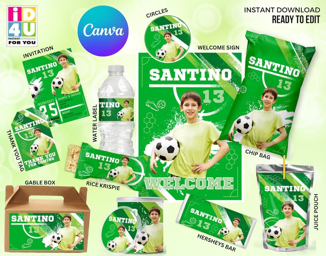 Soccer Birthday Party Editable Bundle With Picture, Football Large ...