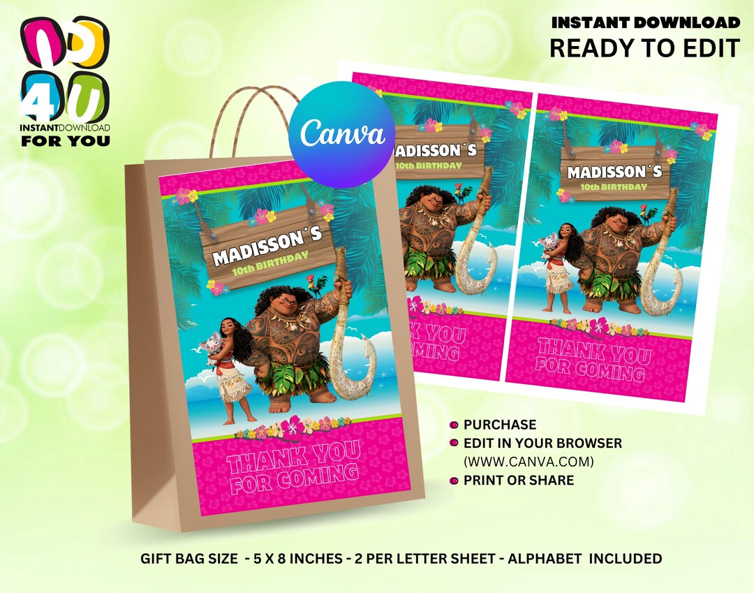 Moana Birthday Party Gift Bag Editable, Gift Bag Label Editable - Etsy
