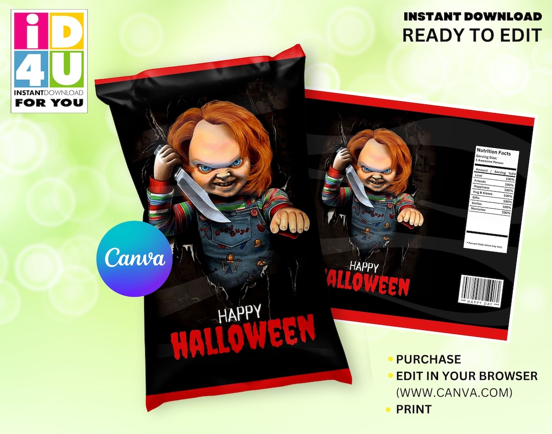 Chucky Chip Bag Editable Label, Chucky Favor Bag Editable Label, Chucky ...
