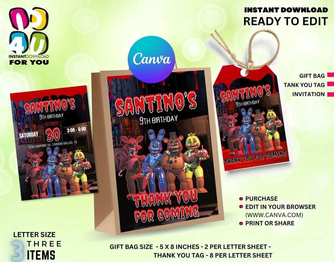 FNAF Party Bundle Labels Editable, FNAF Birthday Gift Bag+gift Tag ...
