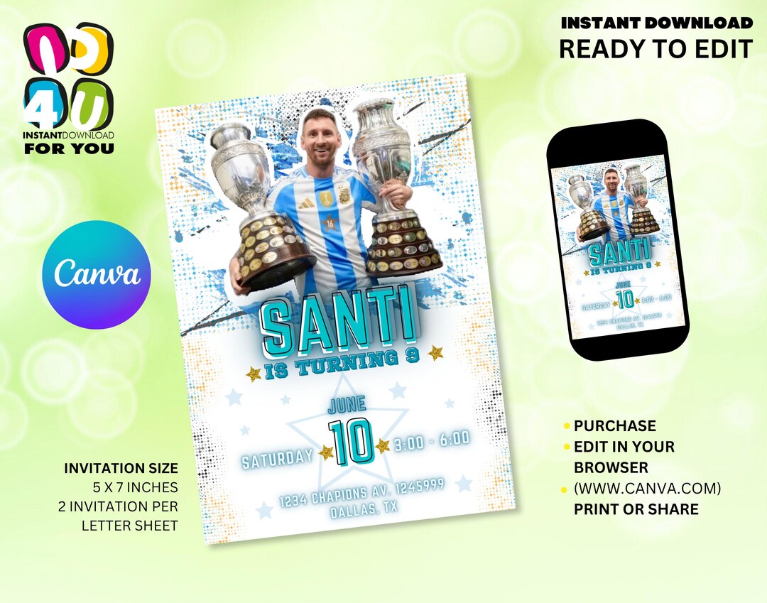 Messi Football Birthday Party Invitation Editable, Argentina Editable ...