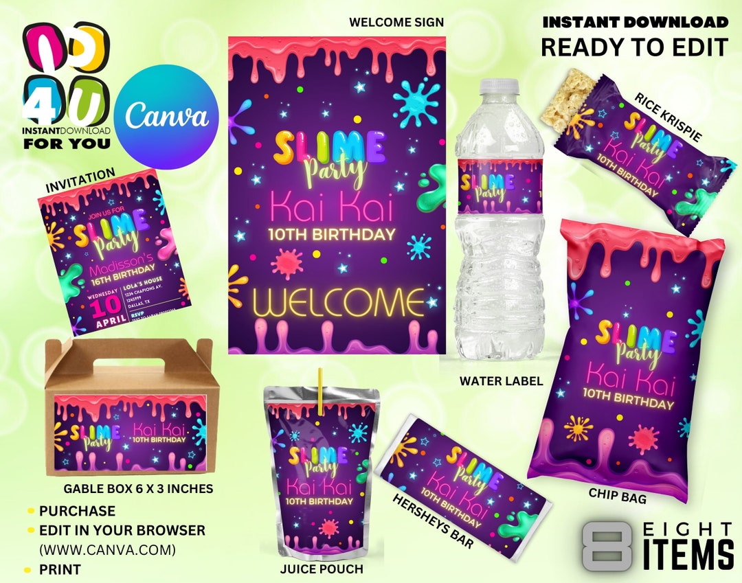Slime Birthday Party Editable Bundle, Slime Party Kit Editable Instant ...