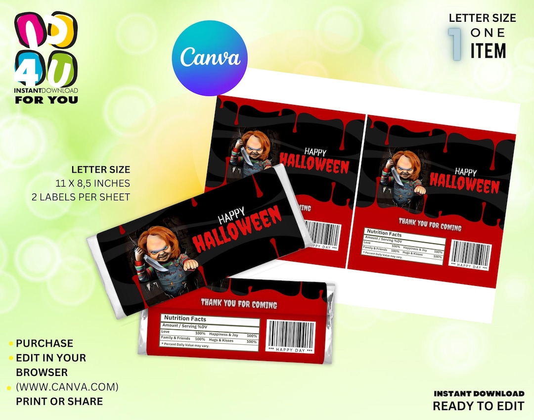Chucky Chocolate Wrapper Editable Label, Chucky Candy Warpper Editable ...