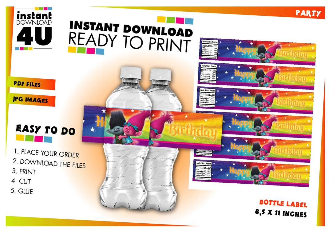 Trolls Birthday Water Bottle Label, Trolls Drink Labels, Trolls Party ...