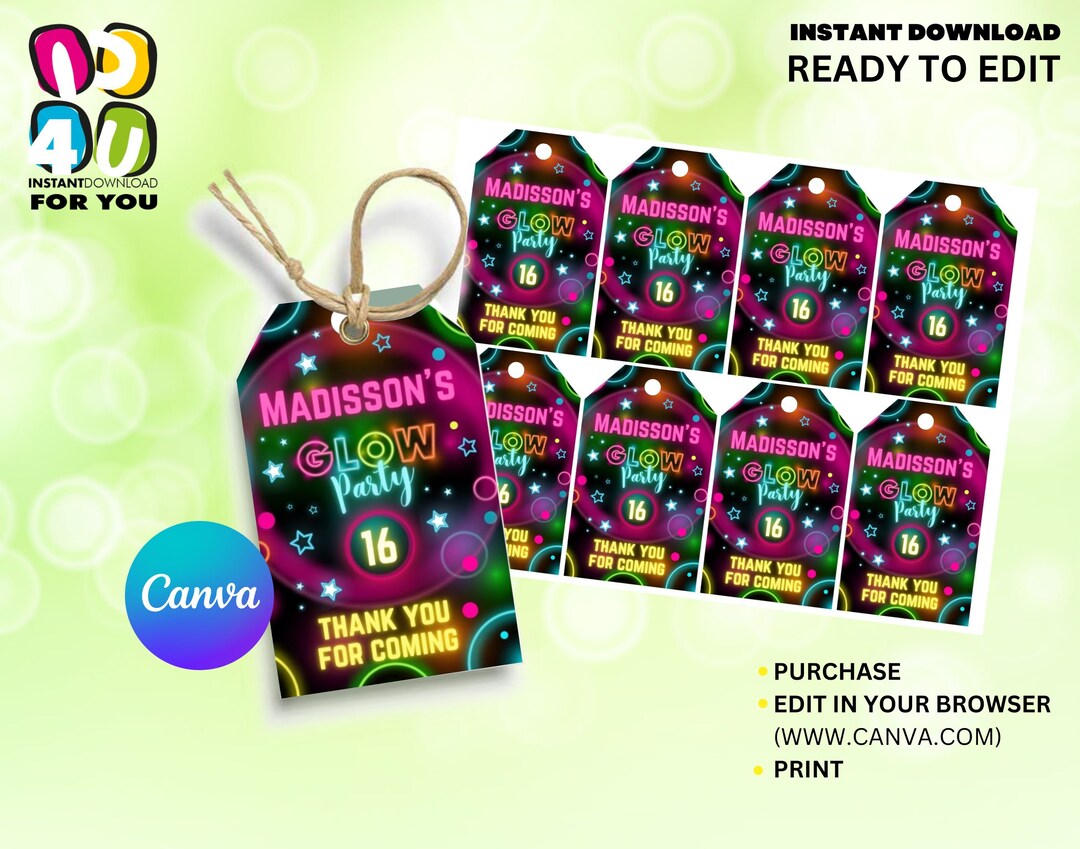 Glow Party Favors Thank You Tags Editable, Glow Gift Tags, Glow Party ...