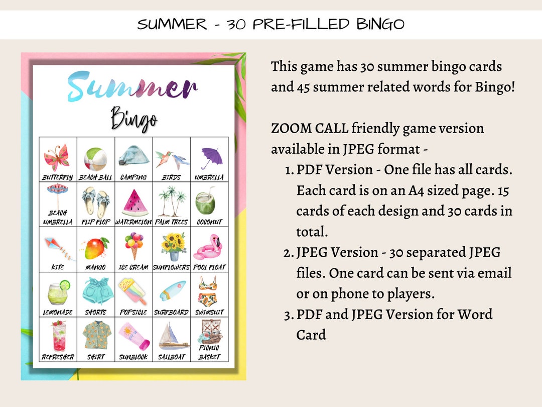 Summer Theme - 30 Prefilled Bingo Cards - HD Images - Zoom Friendly ...