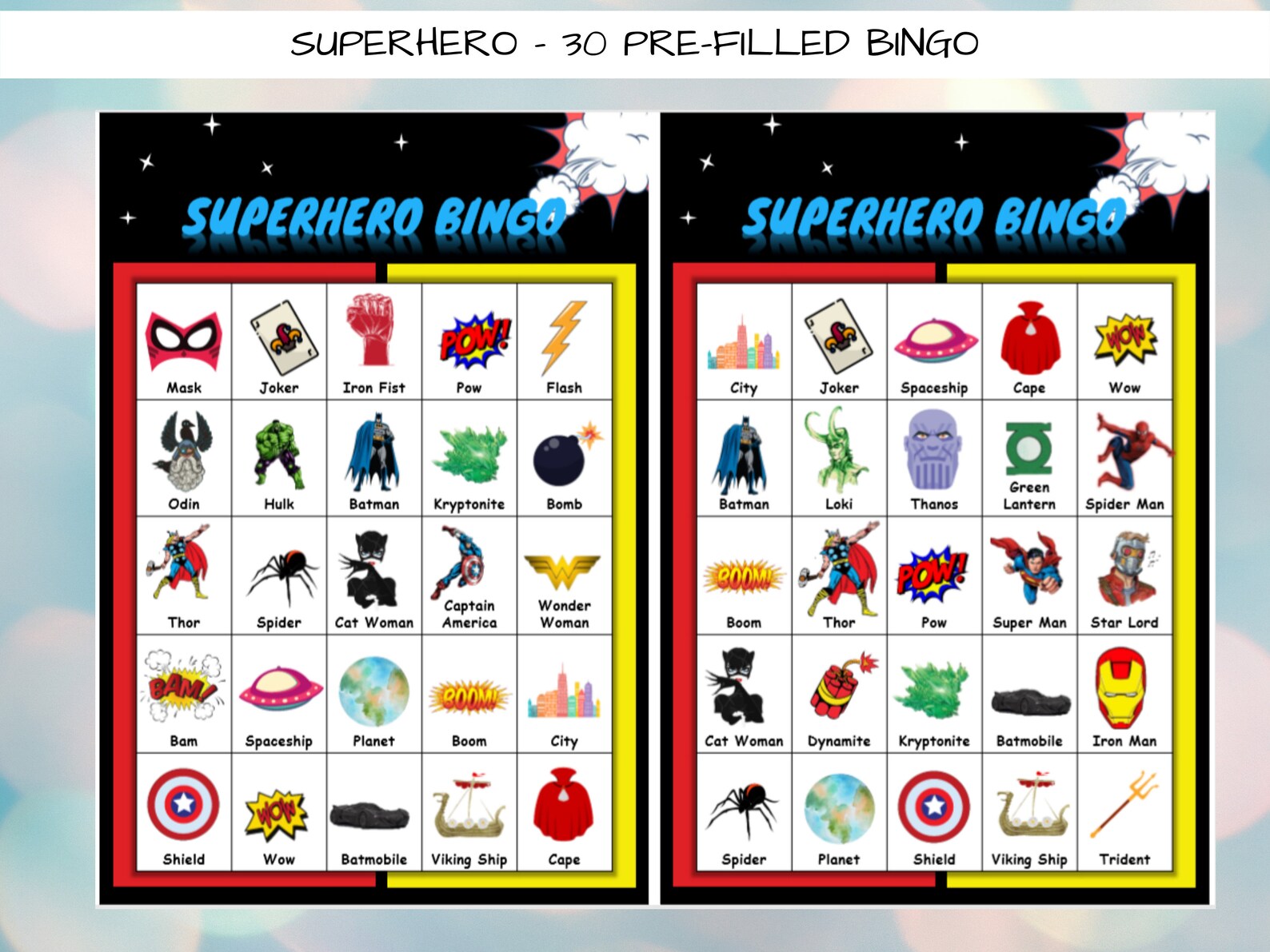 Superhero Bingo 30 Prefilled Bingo Cards HD Images Zoom | Etsy