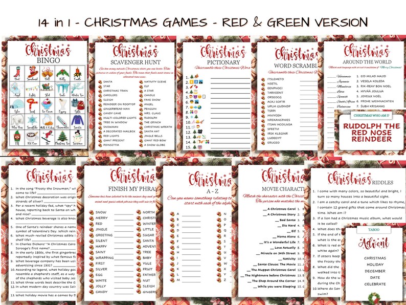 14 in 1 - Christmas Games - Christmas Bingo, Scavenger Hunt, Pictionary ...