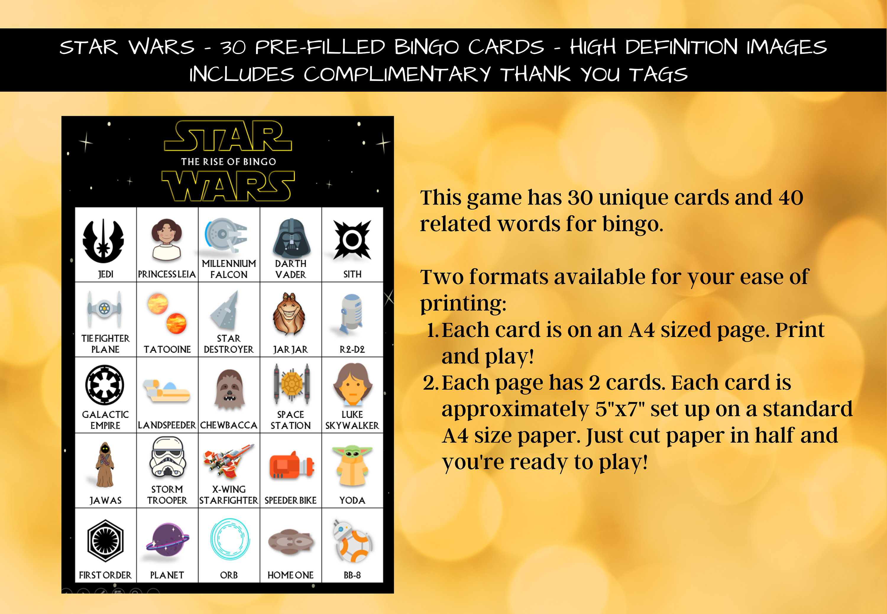 9 in 1 - Star Wars - 30 Prefilled Bingo Cards + Games + Thank You Cards ...