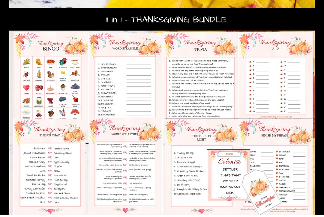 11 in 1 - Thanksgiving Games - Bingo, Word Scramble, Trivia, Atoz ...