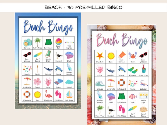 Beach Bingo 30 Prefilled Bingo Cards HD Images | Etsy