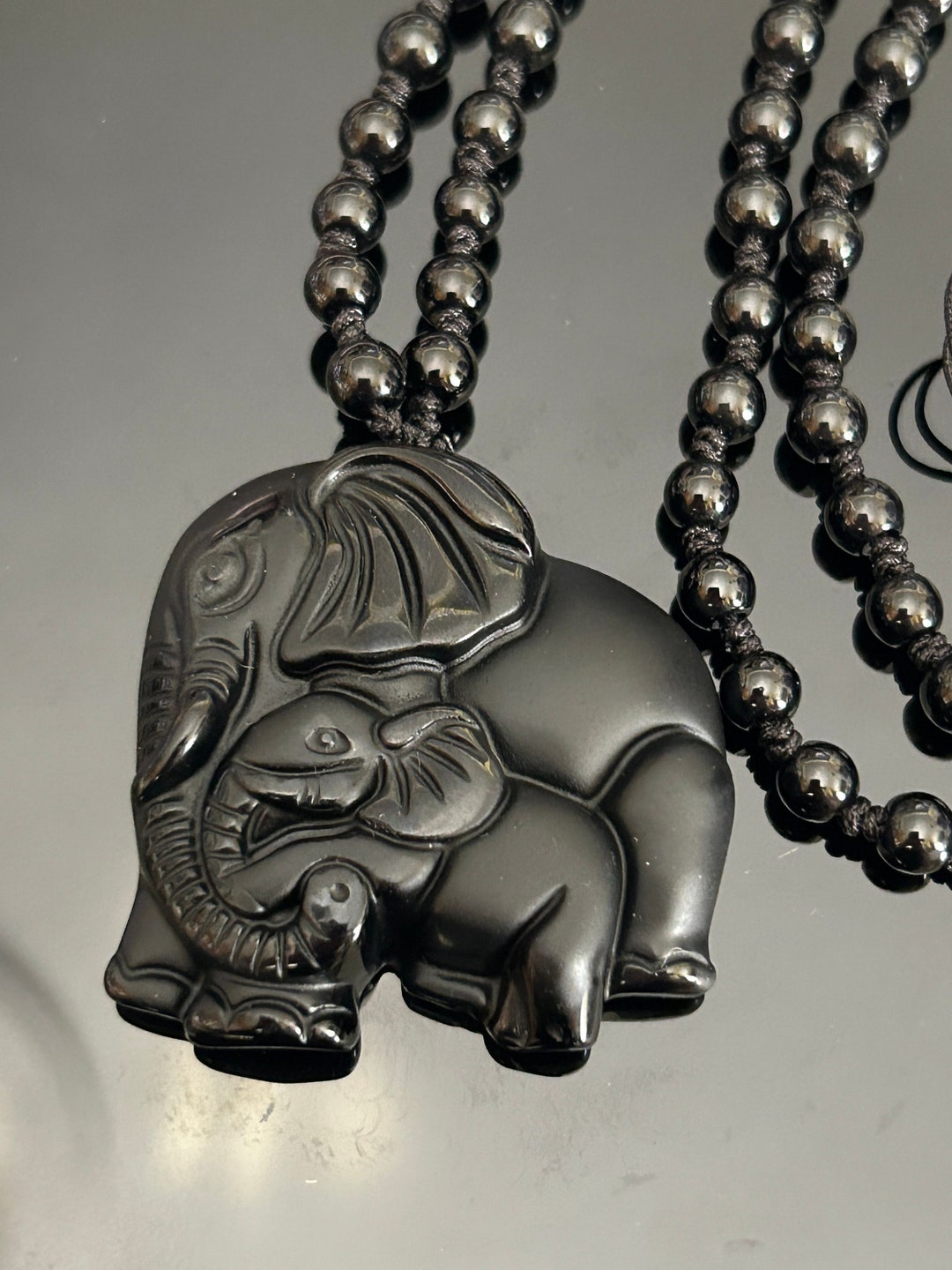 Black Obsidian Elephant Necklace Adjustable Beaded Necklace Supplied ...