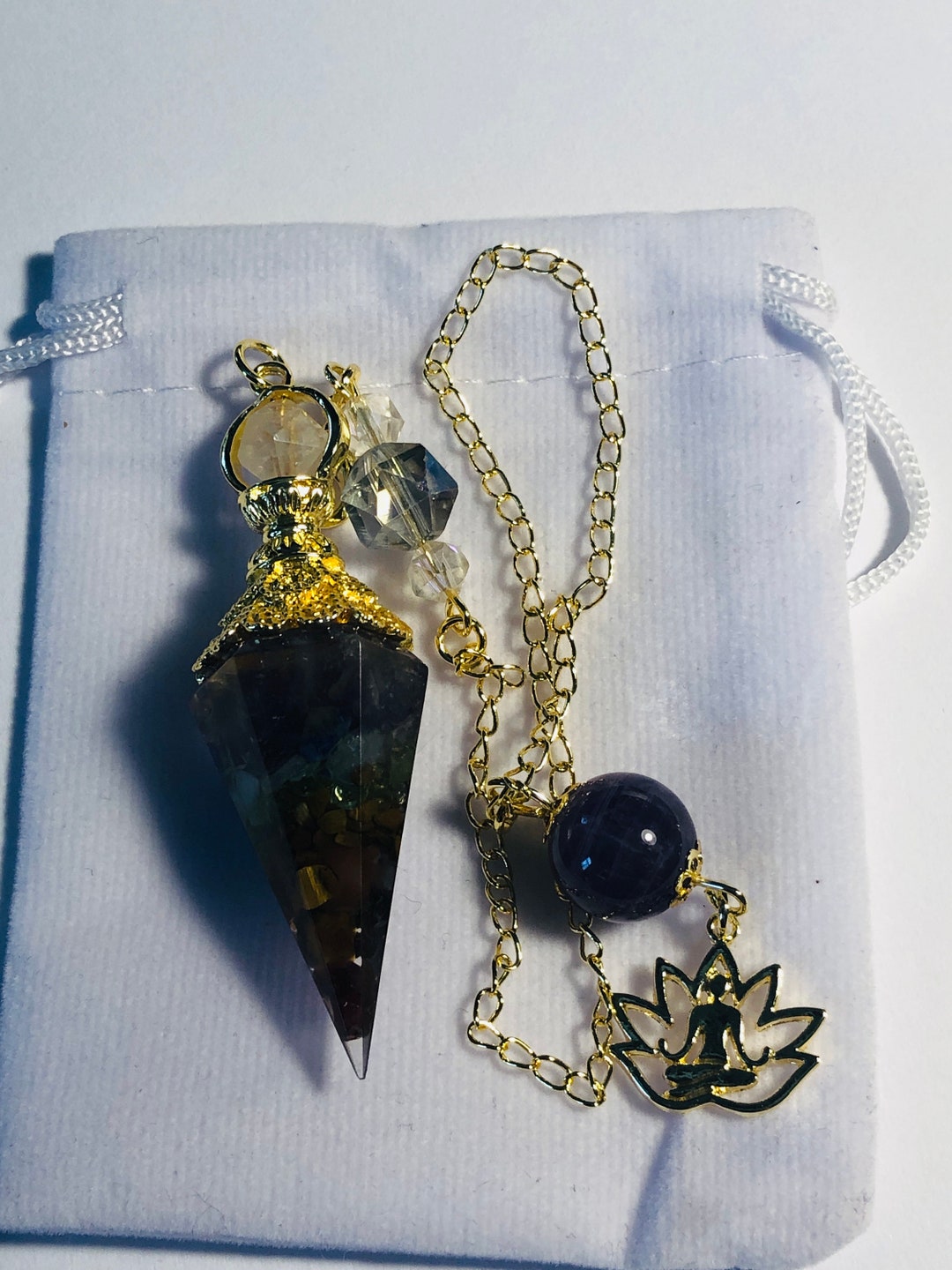 Resin Pendulum With Chakra Colour Layered Crystal Chips in Velvet Gift ...