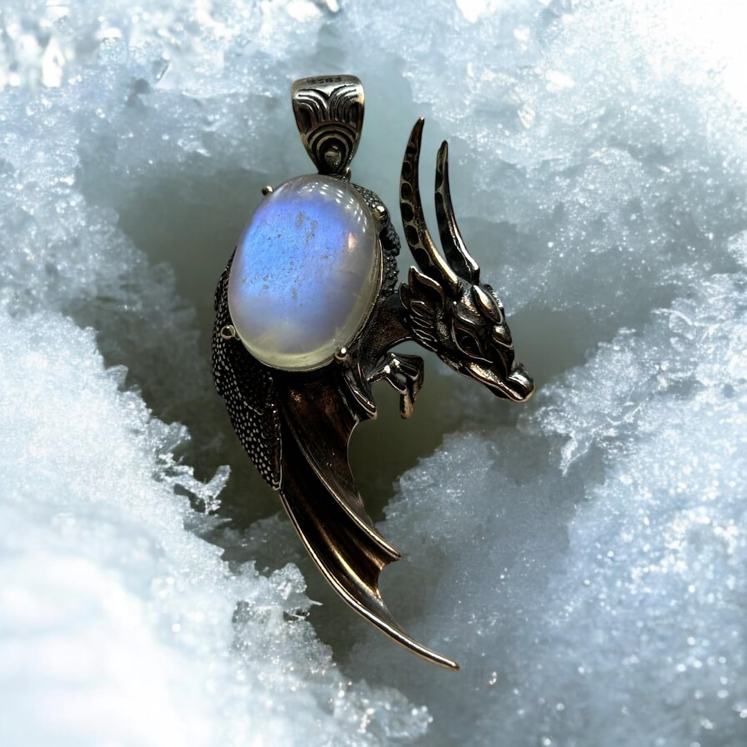 Moonstone Dragon Pendant - 925 Sterling Silver - Blue Flashy Gemstone ...