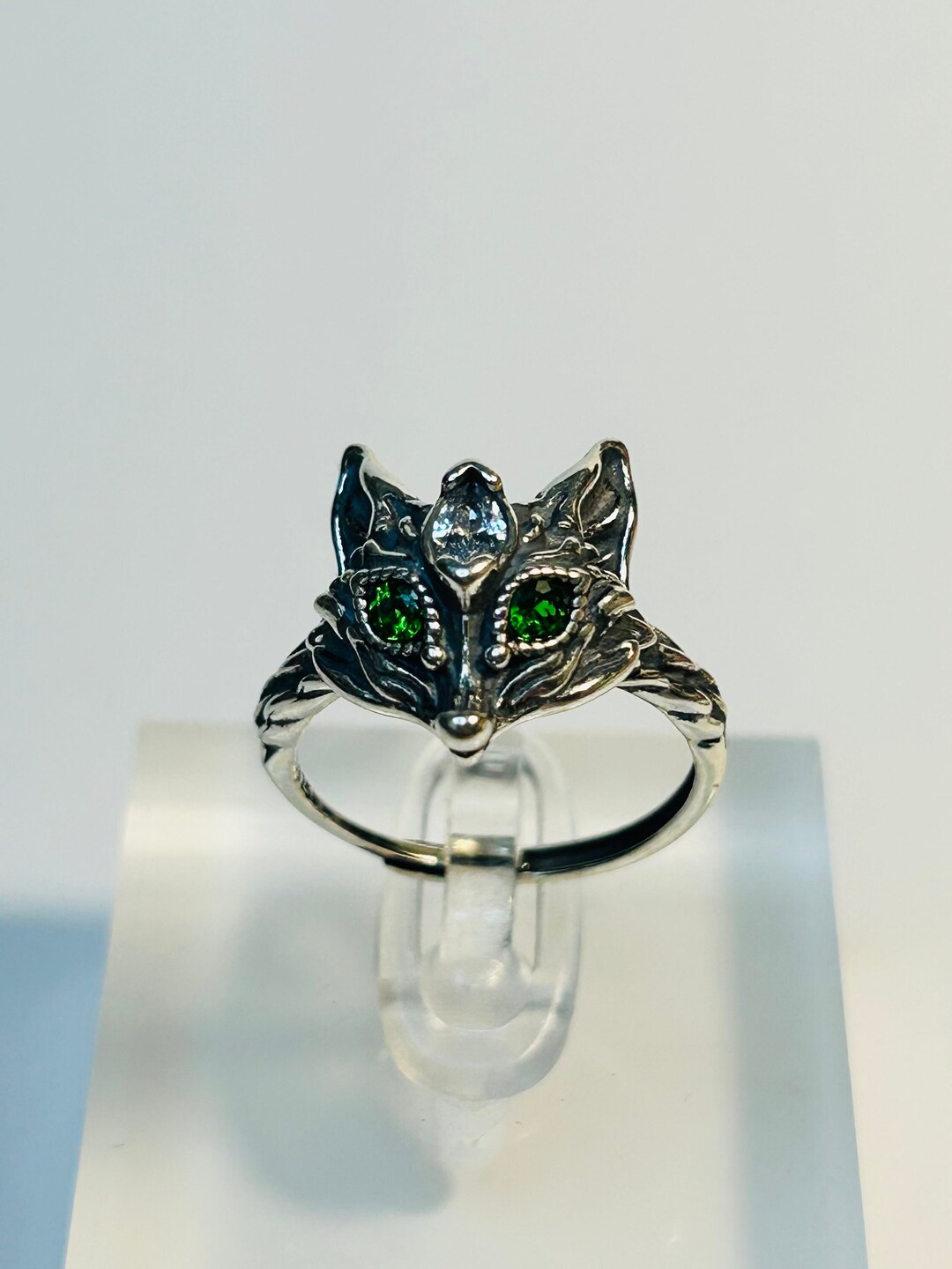 Cute Fox Ring With Green Diopside Gemstone Eyes 925 Silver Supplied in Gift Box Adjustable ...