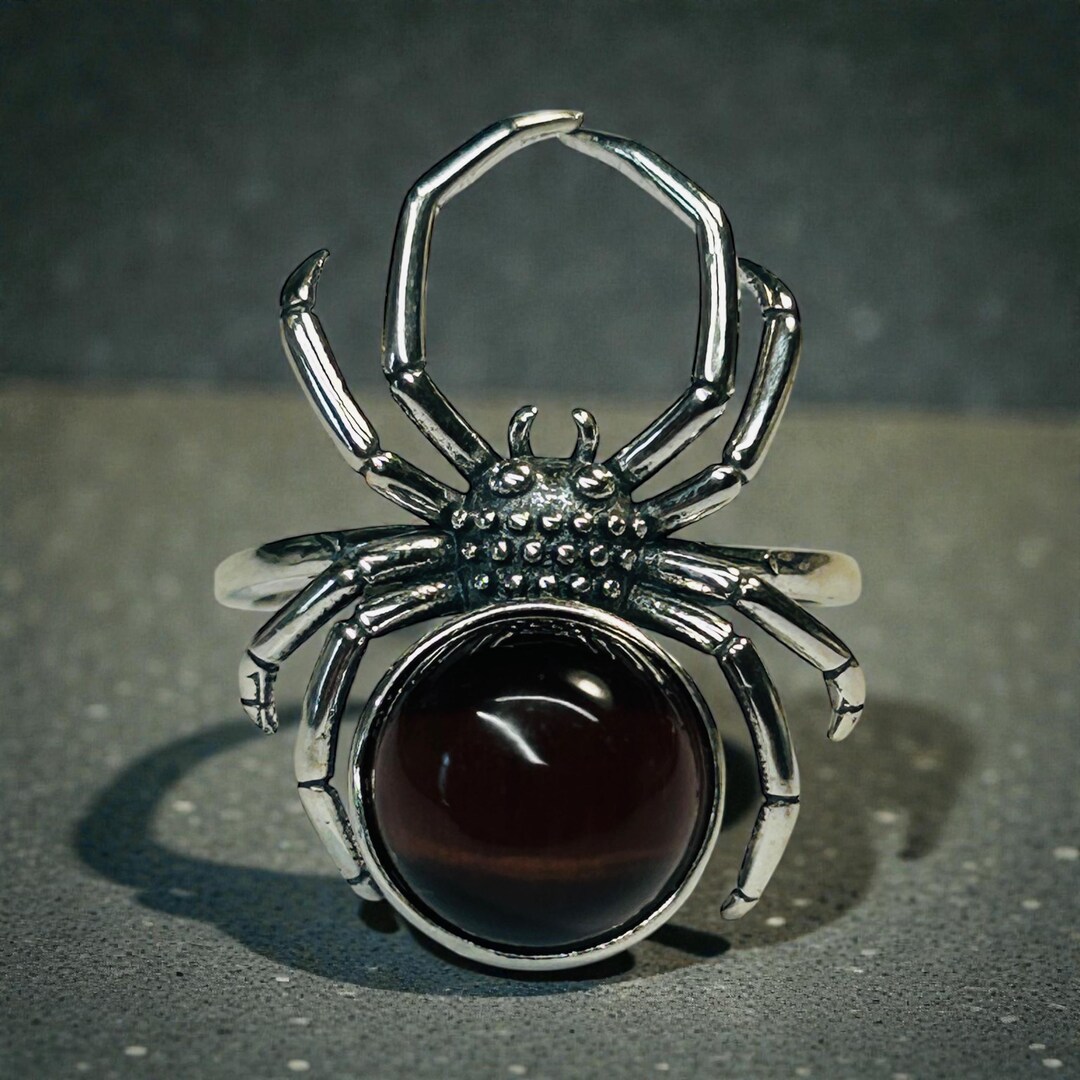 Sterling Silver Spider Ring With Red Tigers Eye Gemstone - Adjustable ...