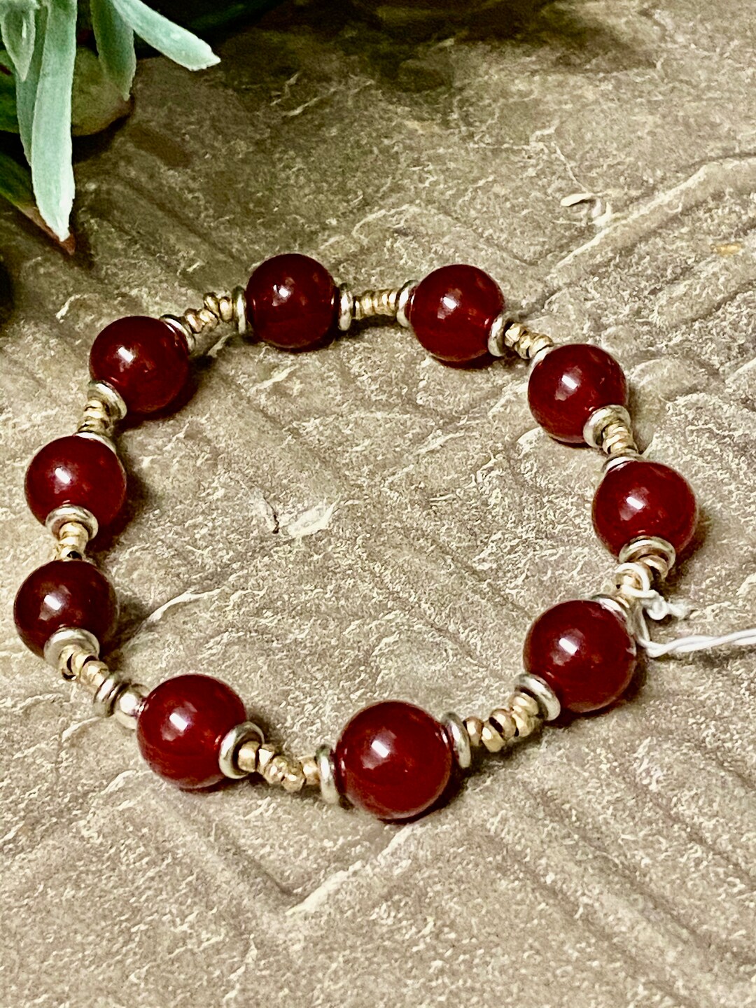 Boho Silver Semi Precious Maroon Jade Stretch Bracelet, Red Jade Round ...