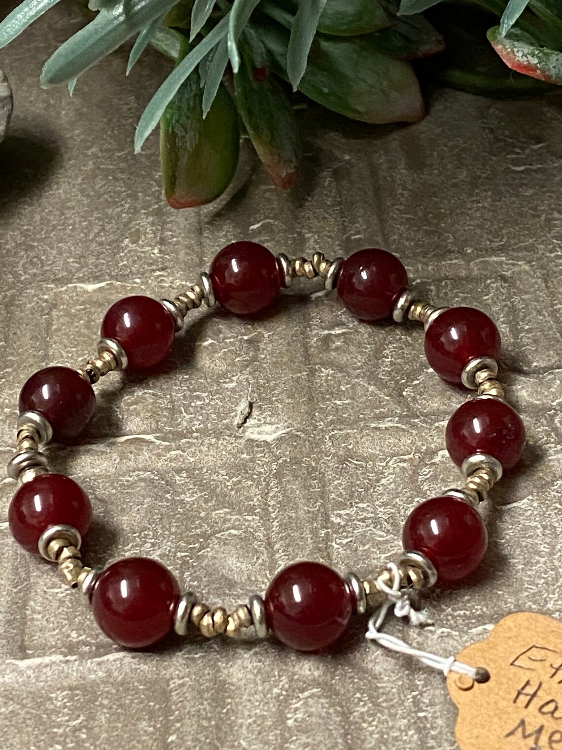 Boho Silver Semi Precious Maroon Jade Stretch Bracelet, Red Jade Round ...