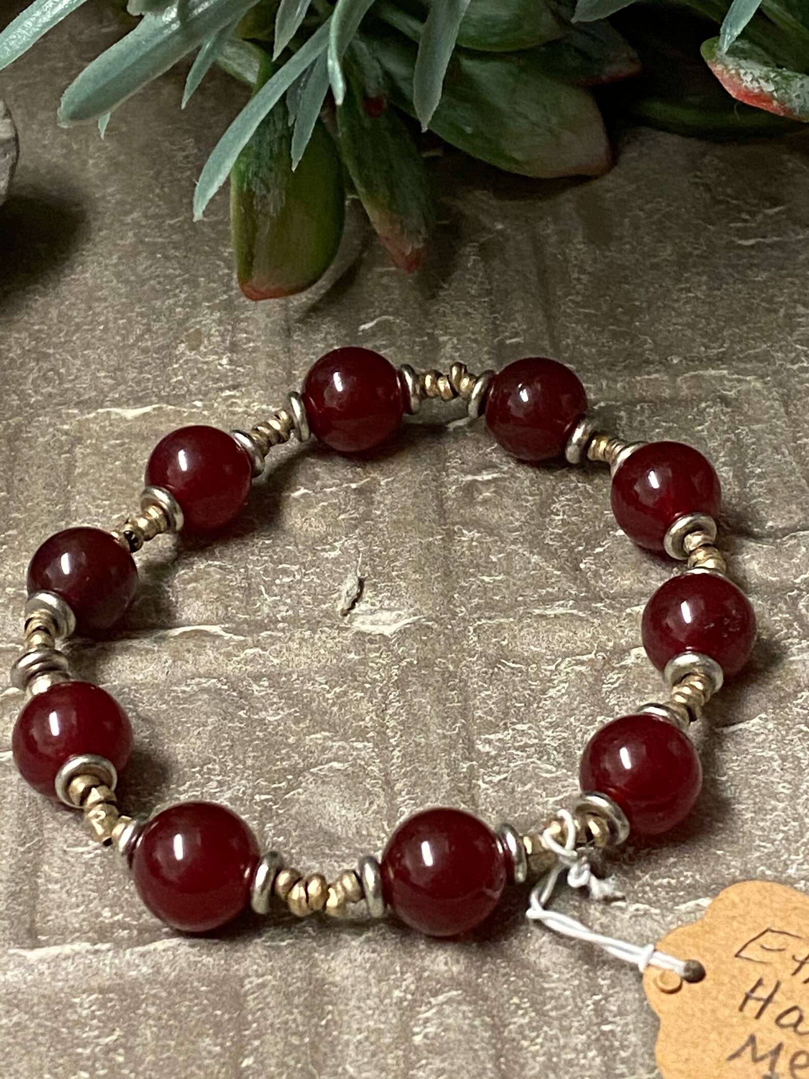 Boho Silver Semi Precious Maroon Jade Stretch Bracelet, Red Jade Round ...