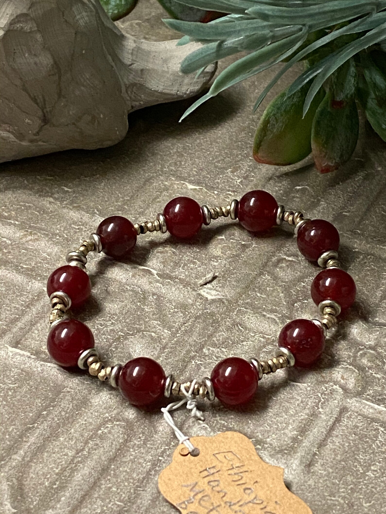Boho Silver Semi Precious Maroon Jade Stretch Bracelet, Red Jade Round ...
