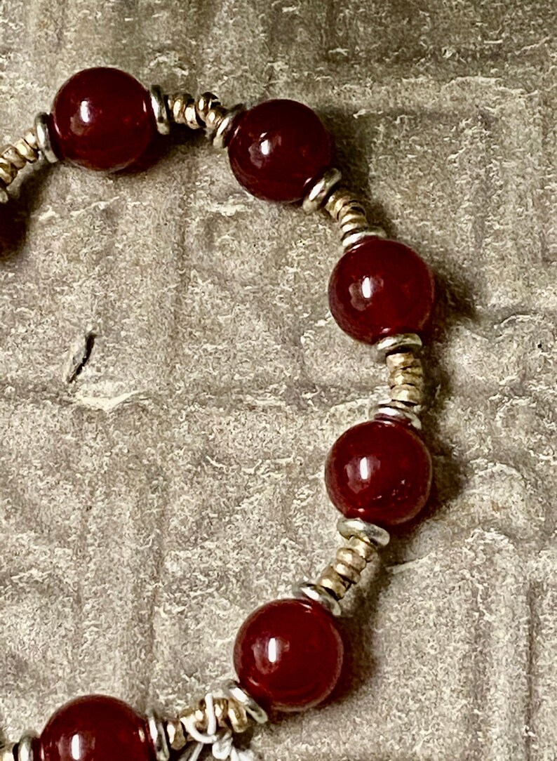 Boho Silver Semi Precious Maroon Jade Stretch Bracelet, Red Jade Round ...